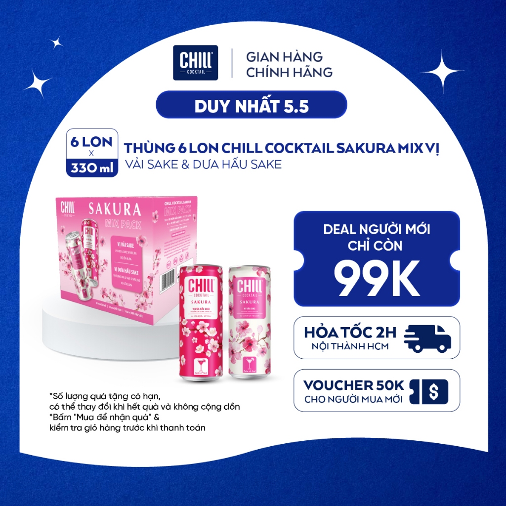 Thùng 6 lon Chill Cocktail Sakura mix vị Vải Sake & Dưa Hấu Sake (330ml ...