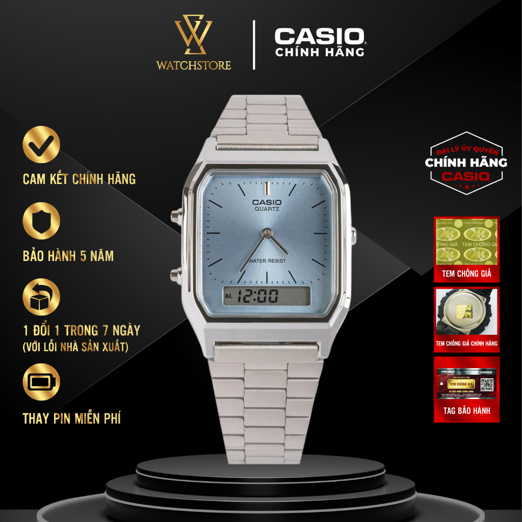 Đồng Hồ Nam/Nữ Casio AQ-230A-2A1MQYDF Kính Nhựa 38.8mm Chống Nước Vỏ Nhựa Dây Thép Không Gỉ ...
