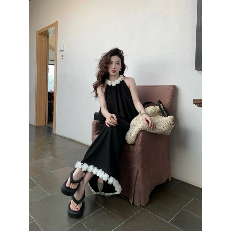 The2001store Set áo Yếm Mix Chân Váy Dài đính Viền Hoa Phong Cách Sexy Sang Chảnh Shopee