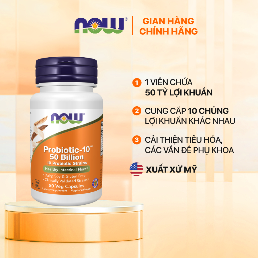 Men vi sinh Now Probiotic 50 Billion (50 viên) chứa 50 tỷ lợi khuẩn, hỗ ...