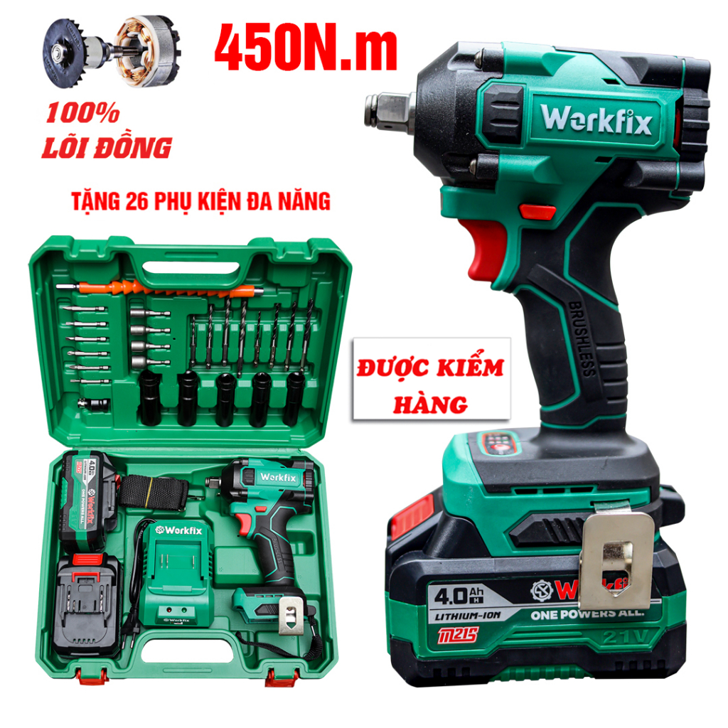 Máy Siết Bulong Workfix 450Nm - Điều Tốc 3 Cấp - Chuyên Mở Ốc Bé Hơn 28mm - Tính Năng Auto Stop ...