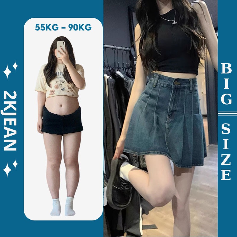 Chân váy jean nữ xếp ly có lót jean trong Bigsize 40kg-90kg form dáng a thời trang bigsize cao ...