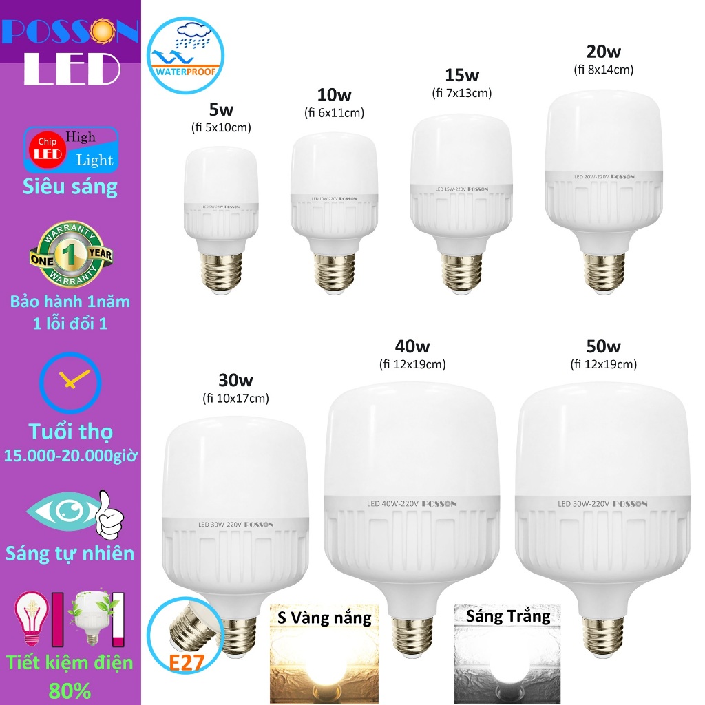 Bóng đèn Led trụ 50w 40w 30w 20w 15w 10w 5w siêu sáng tiết kiệm điện chống nước mưa E27 220v ...