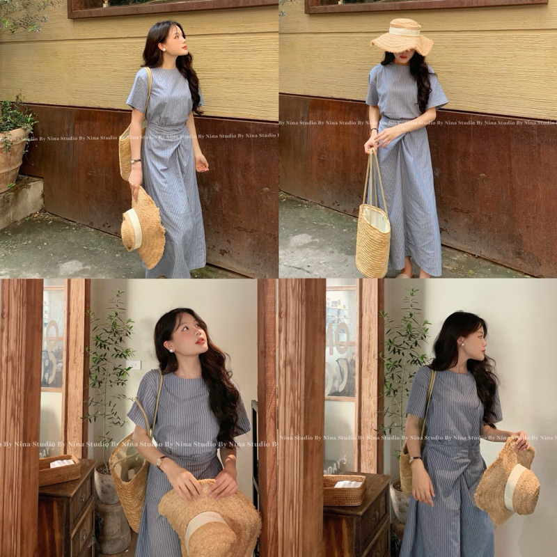 |BYNINA| Váy Herin Kẻ Sọc Xanh Maxi Hàn Quốc | Shopee Việt Nam