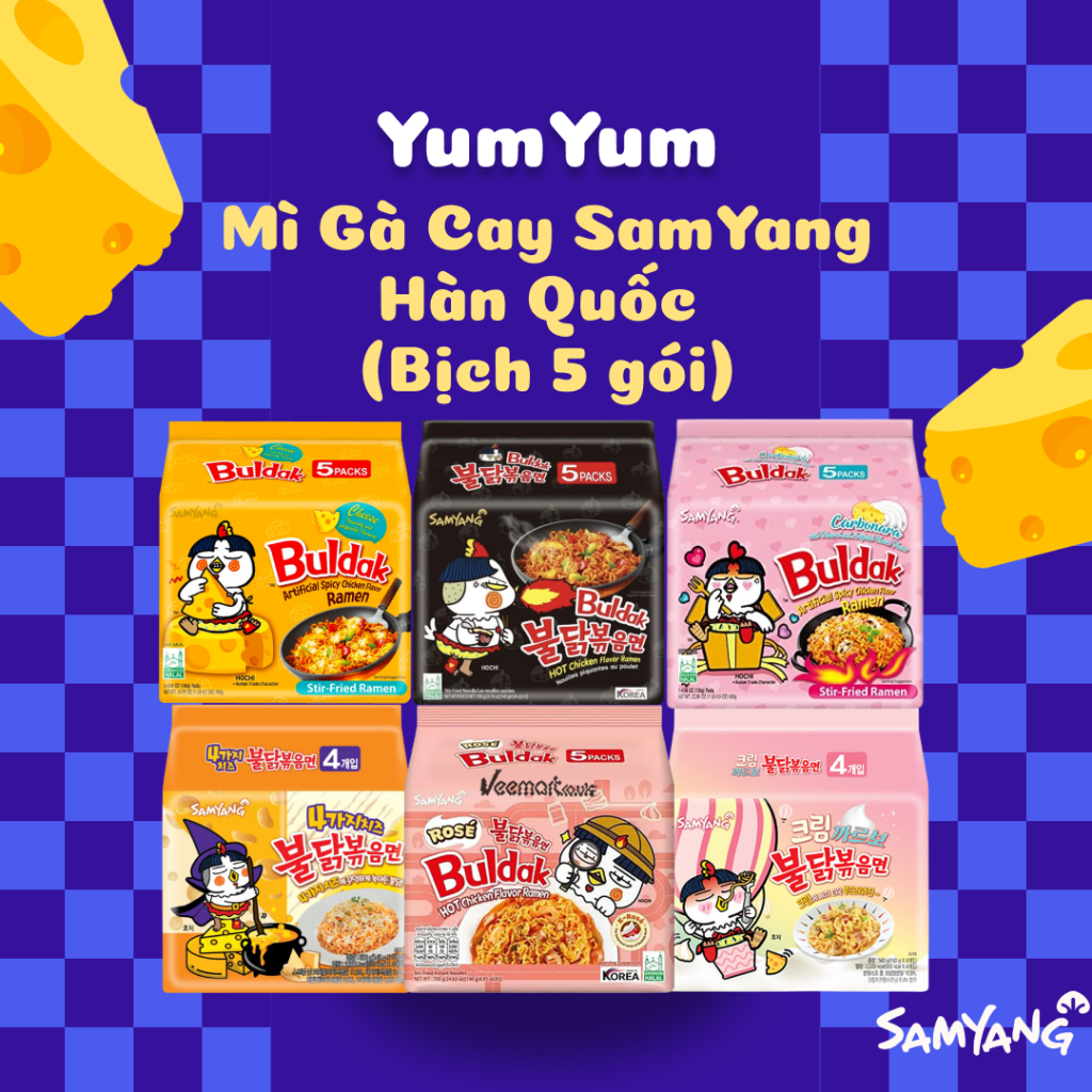 [5 GÓI] Mì Gà Cay SamYang Hàn Quốc 140g các vị Cay, Pho mai, Chua cay, Hoa hồng rose, Cream ...