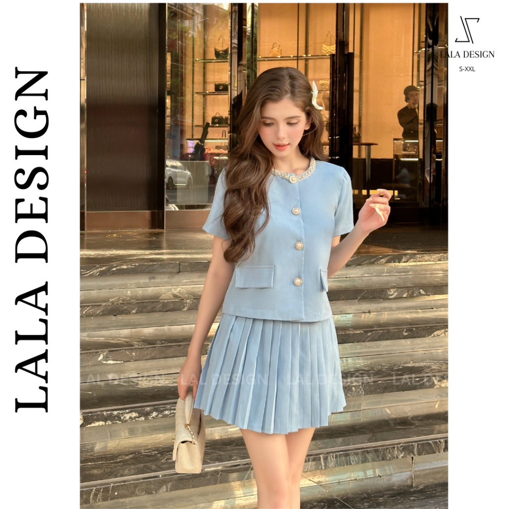 Set váy tiểu thư Lala Design kèm chân váy xếp ly phối cổ ngọc tiểu thư màu xanh dương pastel, có ...