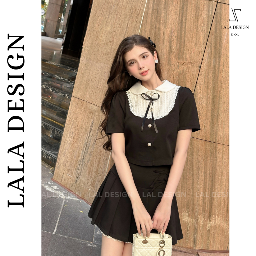 Áo kiểu nữ ngắn tay LALA DESIGN phối cổ trắng nơ, áo công sở tiểu thư ...
