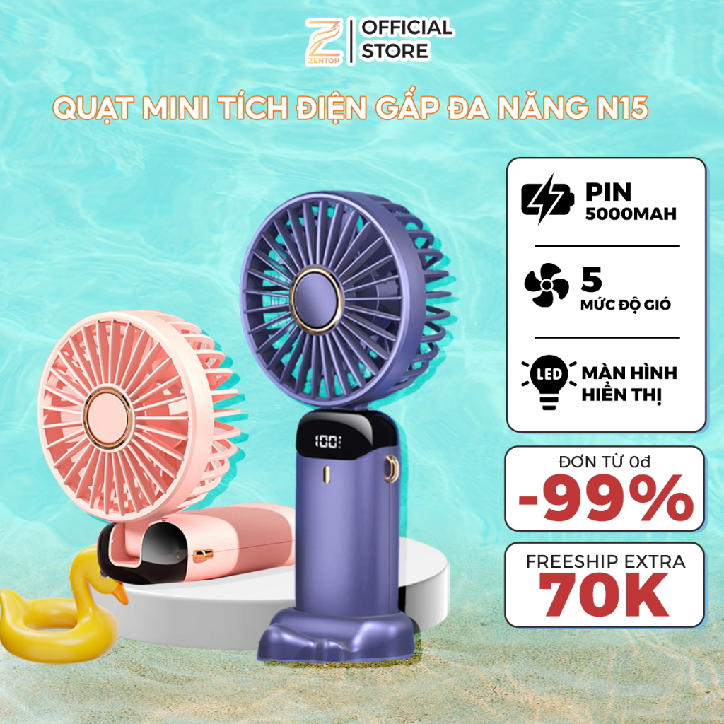 Quạt mini cầm tay tích điện N15 màn hình LED di động có thể gập lại ...
