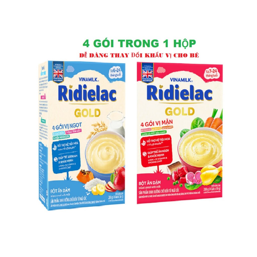 Bột Ăn Dặm VINAMILK RIDIELAC GOLD 200gr (4 gói * 50gr), hộp 4 gói vị ...