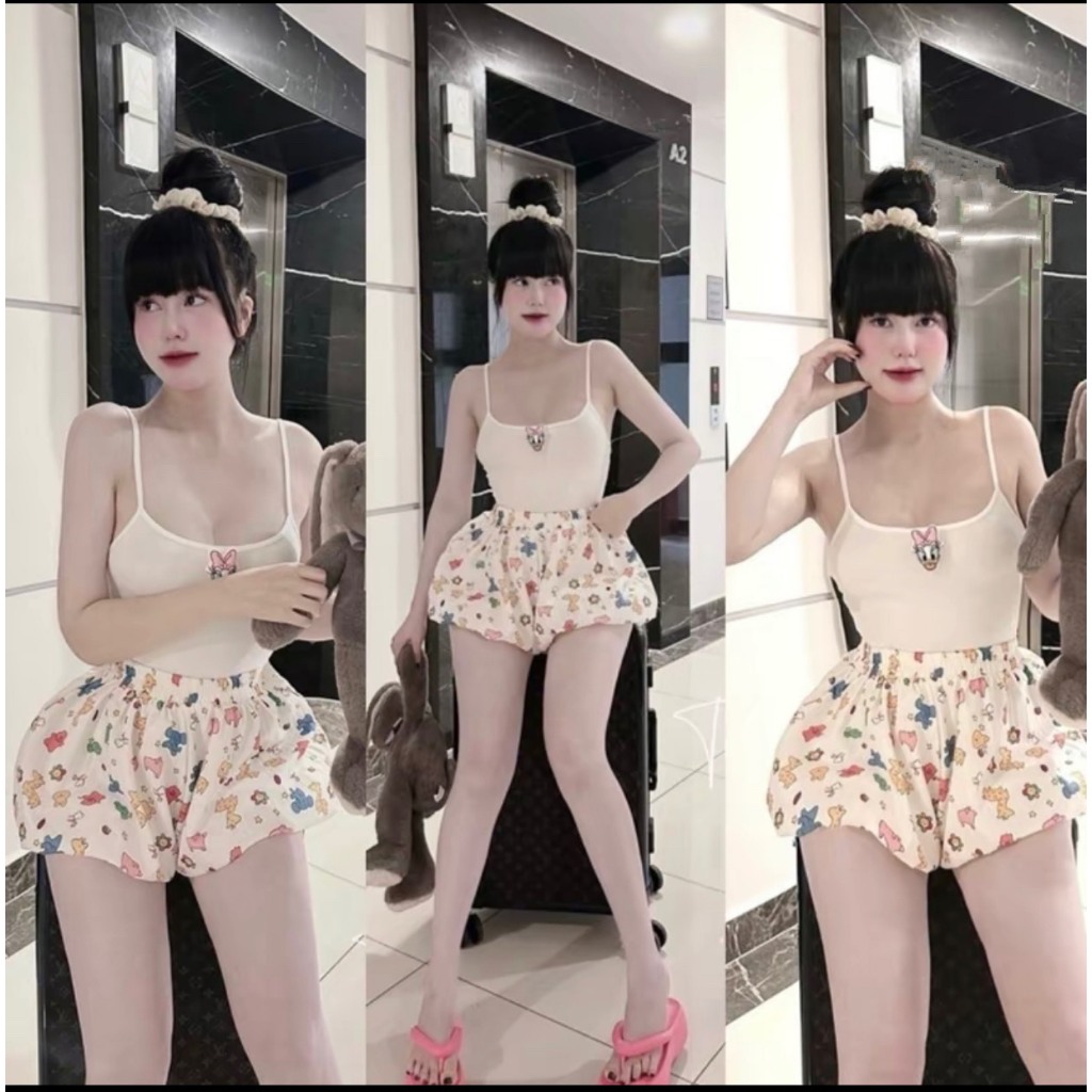 Set đùi bí in hoạt hình mix áo thun 2 dây đính gấu dễ thương cho nàng diện mát mẻ. | Shopee Việt Nam