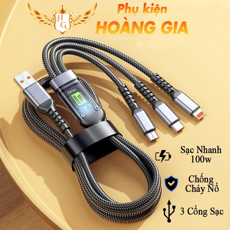 Dây Cáp Sạc Nhanh 3 Đầu 100W Dài 1m2 Hỗ Trợ Sạc Nhanh 3 Trong 1 dây bọc dù Chống Đứt, Chống Rối ...