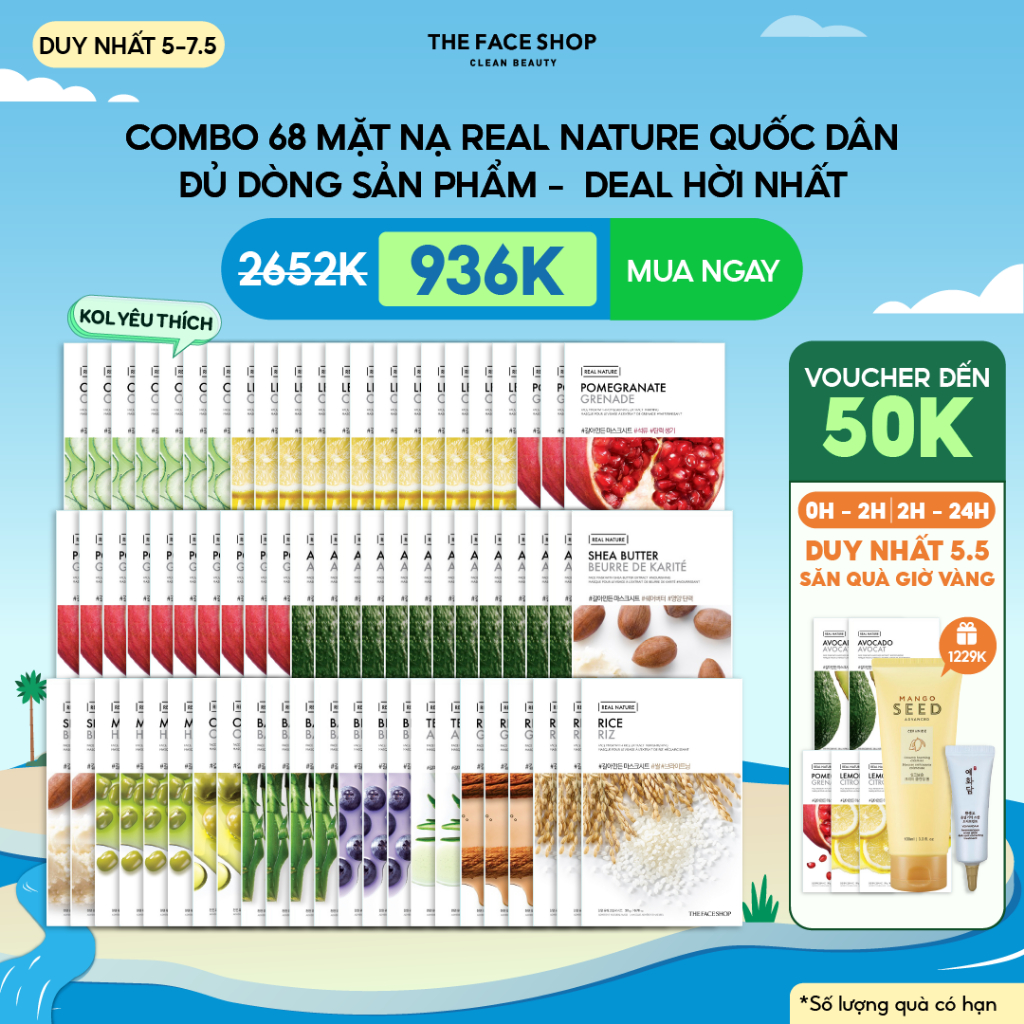 [ĐỘC QUYỀN 5.5] [VOUCHER 50K] Combo 68 Mặt Nạ Dưỡng Ẩm THE FACE SHOP Real Nature 20g (mix nhiều ...