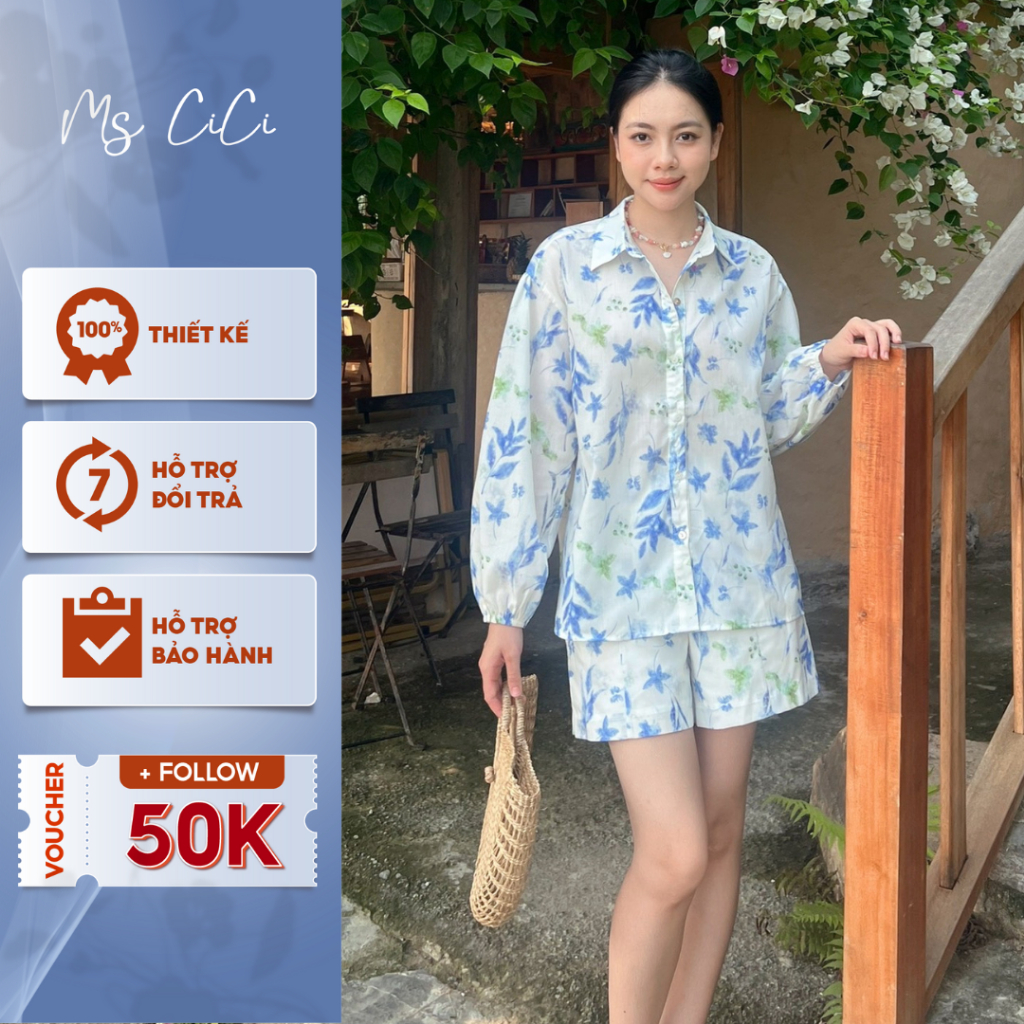 Vivian Set Ms Cici 2 chi tiết gồm áo sơ mi form suông thoải mái mix ...