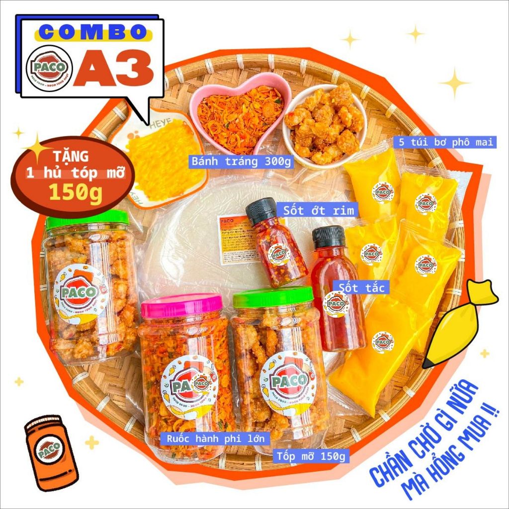 [DEAL 1K TỐP MỠ 150g] COMBO A3 PACO FOOD KÈM 5 BƠ PHÔ MAI BÁNH TRÁNG ...