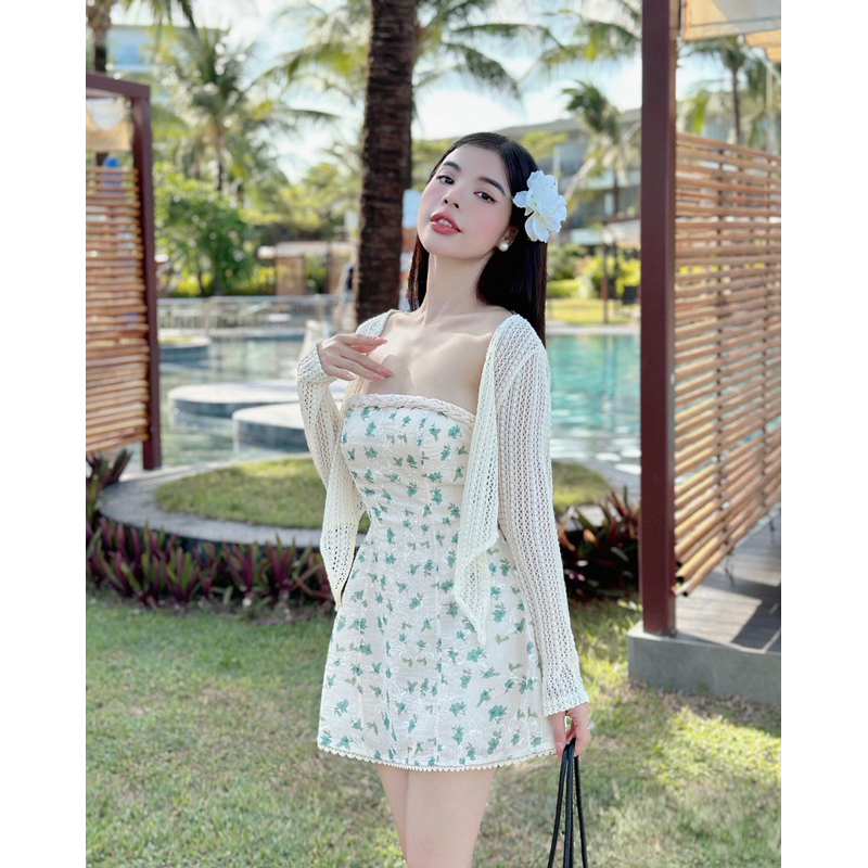 Set 2 món đầm cúp thắt bính tùng xoè smocking cột nơ sau + khoác lưới | Shopee Việt Nam