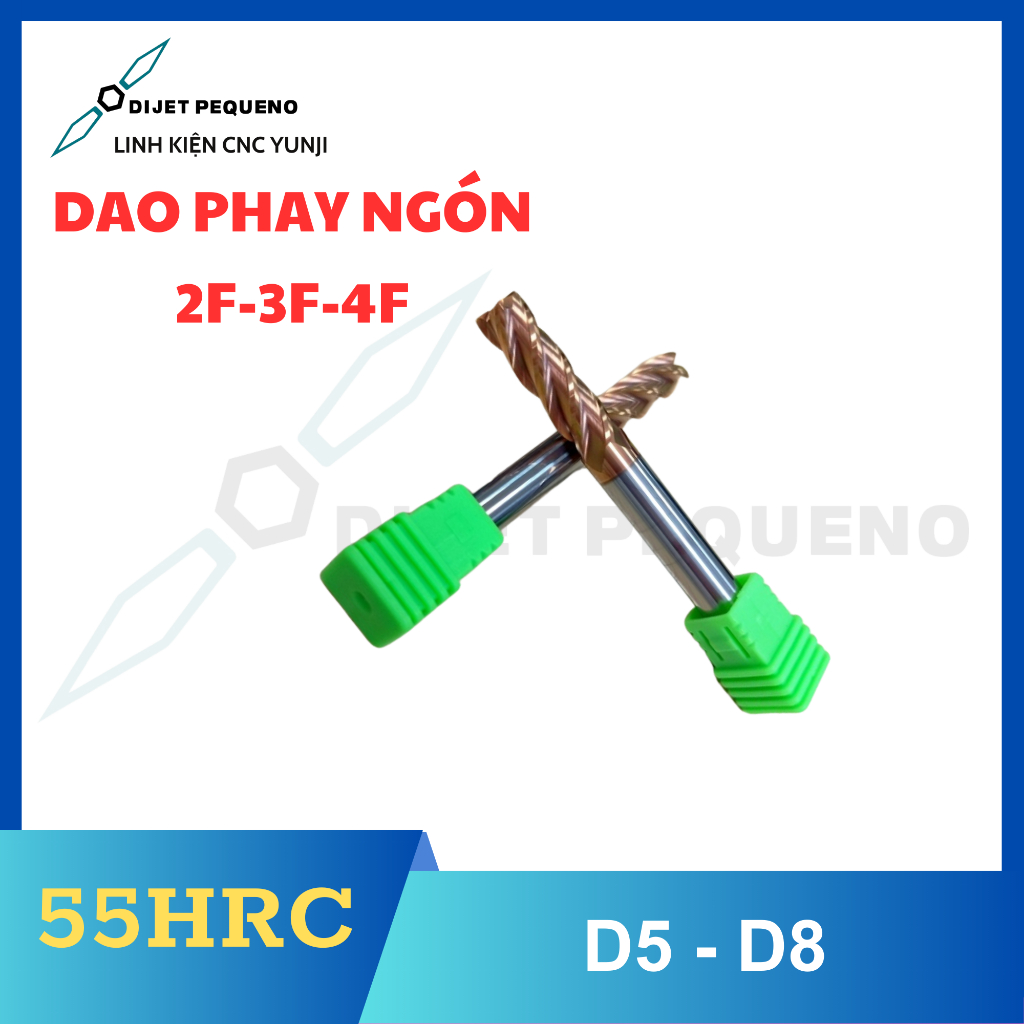 [D5-D8] Dao phay ngón 2F-3F-4F 55HRC gia công nhôm, gang, thép, chất liệu hợp kim phủ màu đồng ...