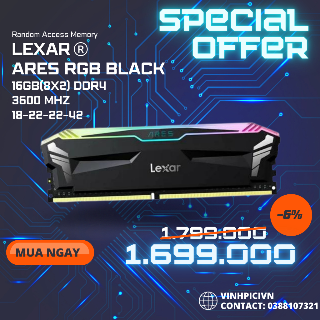 Ram Lexar ARES RGB Black 16GB (2x8GB) DDR4 Bus 3600Mhz – LD4BU008G ...