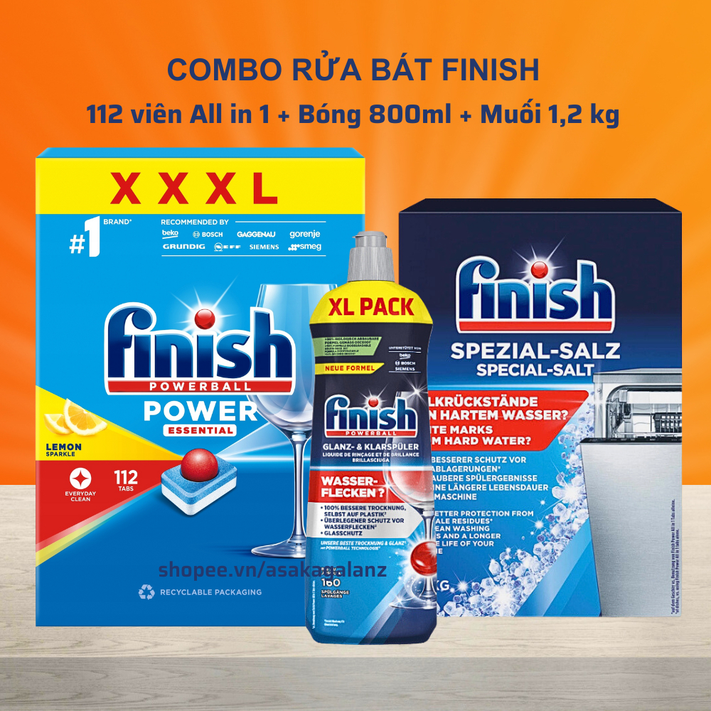 Combo rửa bát Finish All in one 120 Viên+Muối Finish 1,5 Kg+Bóng Finish ...