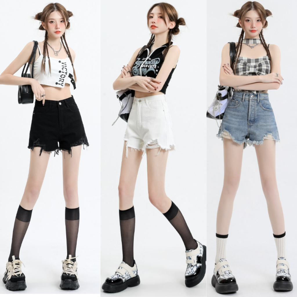 Quần đùi bò nữ rách lưng cao, quần jean short rách trắng ngắn tua rua đi biển MIAA chất jean bò ...