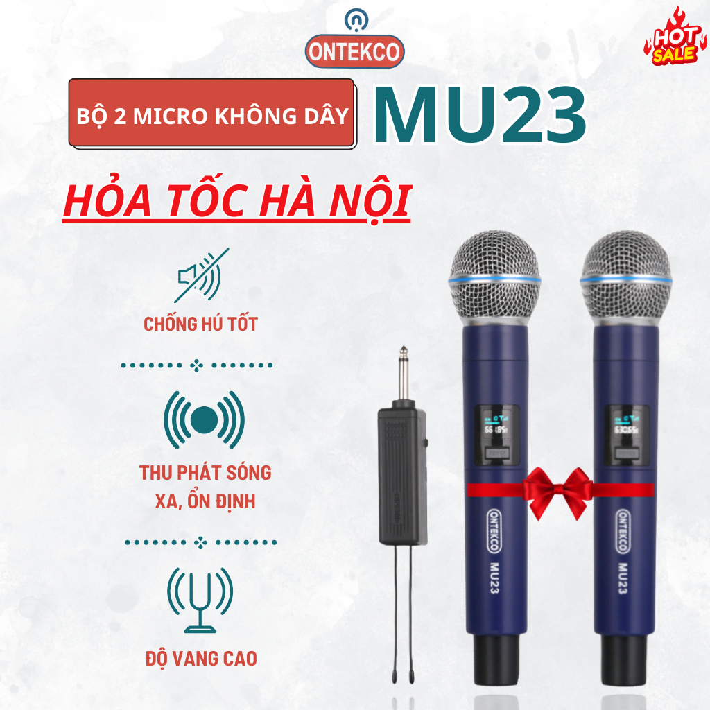 Bộ micro karaoke ONTEKCO không dây MU23 cao cấp, hiển thị tần số, chống ...
