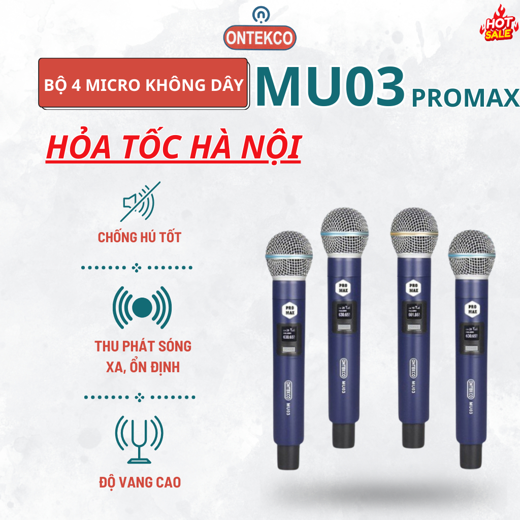 Bộ 4 micro karaoke ONTEKCO MU03 PROMAX/ MF334 đầu thu 2 anten, chống hú, lọc âm tốt, hàng chính ...