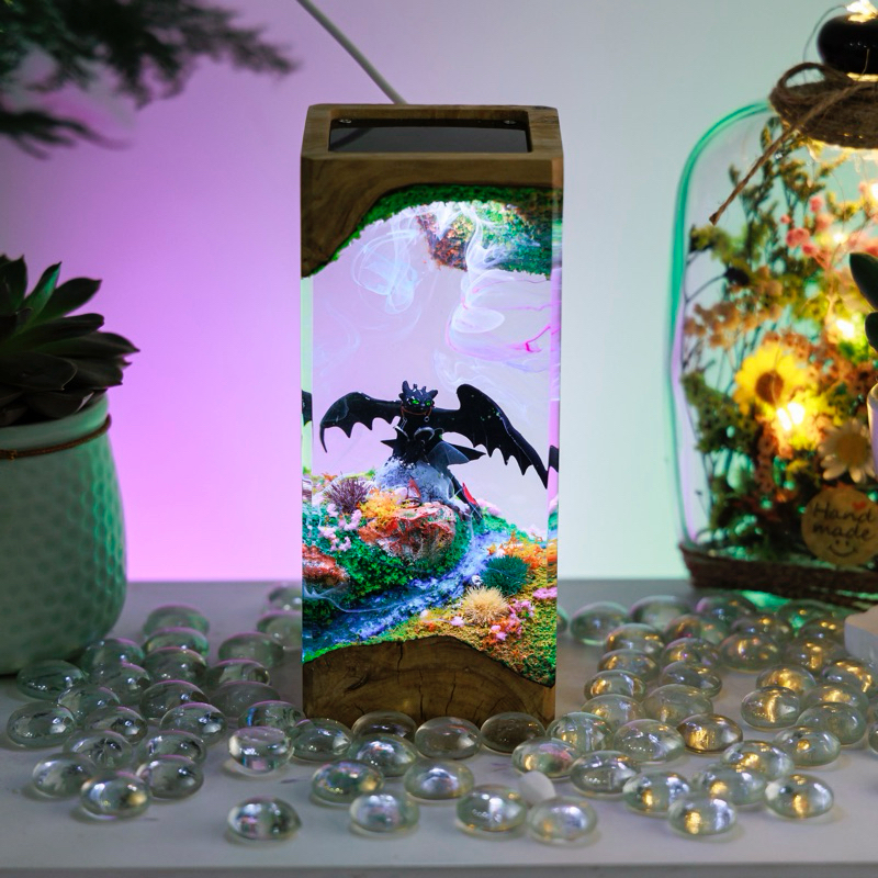 Đèn gỗ resin epoxy Dragon Toothless & Light Fury.Lamp wood resin epoxy ...