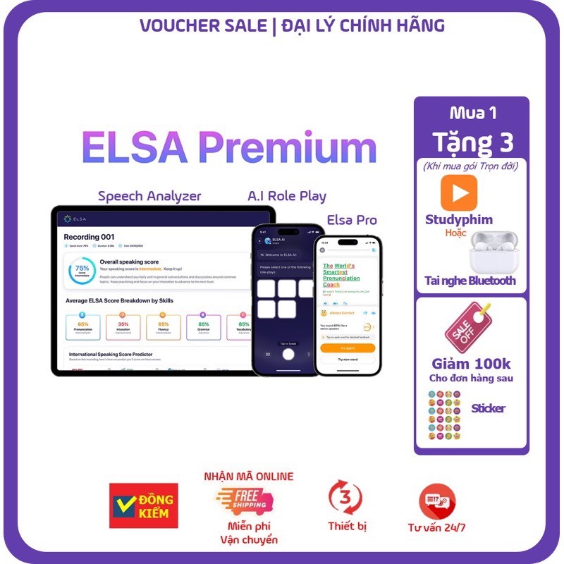 ELSA Premium (ELSA Pro, ELSA AI và Speech Analyzer) [Toàn quốc] Voucher mã học (Trọn đời ...