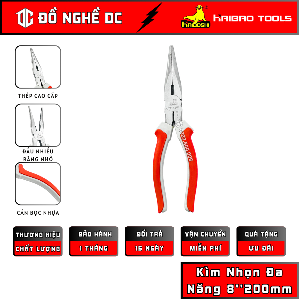 Kìm Nhọn Đa Năng, Kìm Mỏ Nhọn, Mỏ Cắt 8''200mm HB-318E HAIBAO TOOLS Thép cao cấp dùng để kẹp ...