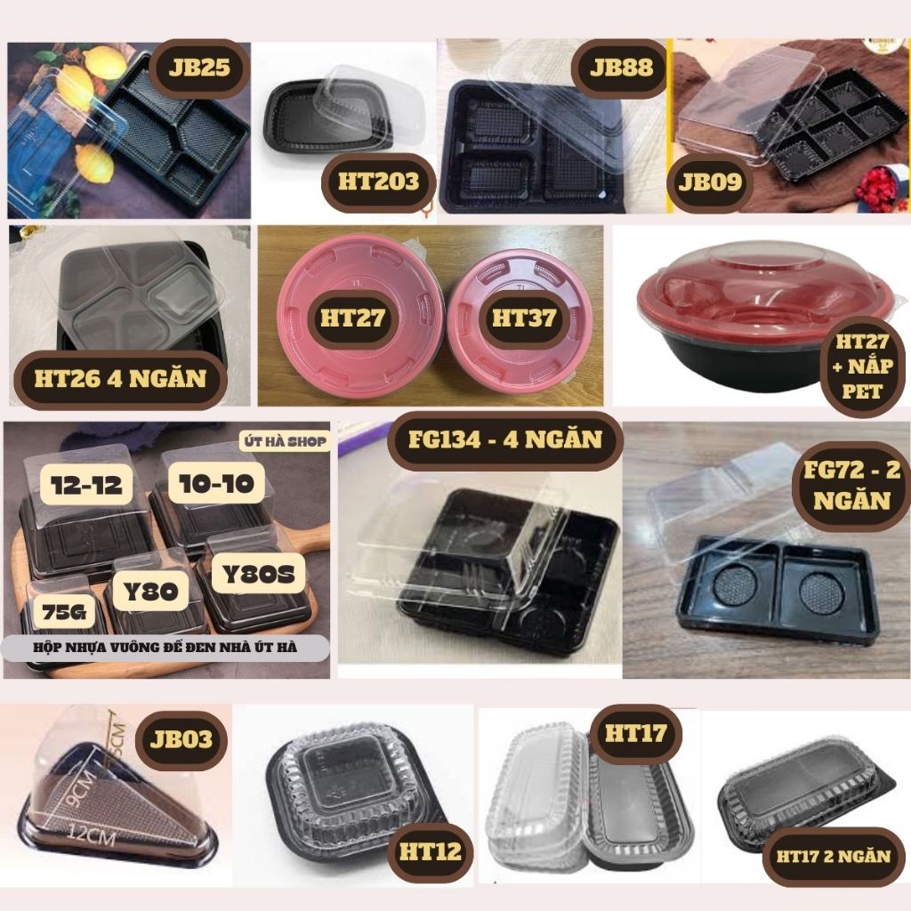 Sỉ 100 Hộp nhựa đế đen HT17 HT12 HT203 JB25 HT26(4 ngăn) jb88 (3 ngăn) JB03 (tam giác) 6, 4, 2 ...