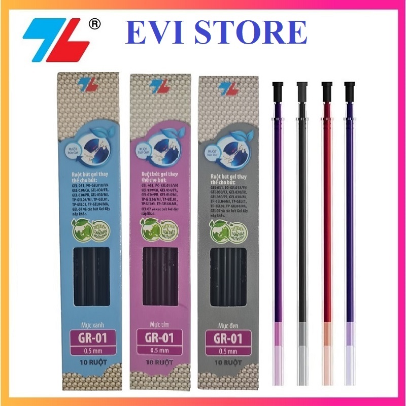 Vỉ 10 ruột bút gel nước Thiên Long GR-01 / GR01 ngòi 0.5mm thay cho các loại bút gel dạng đậy ...