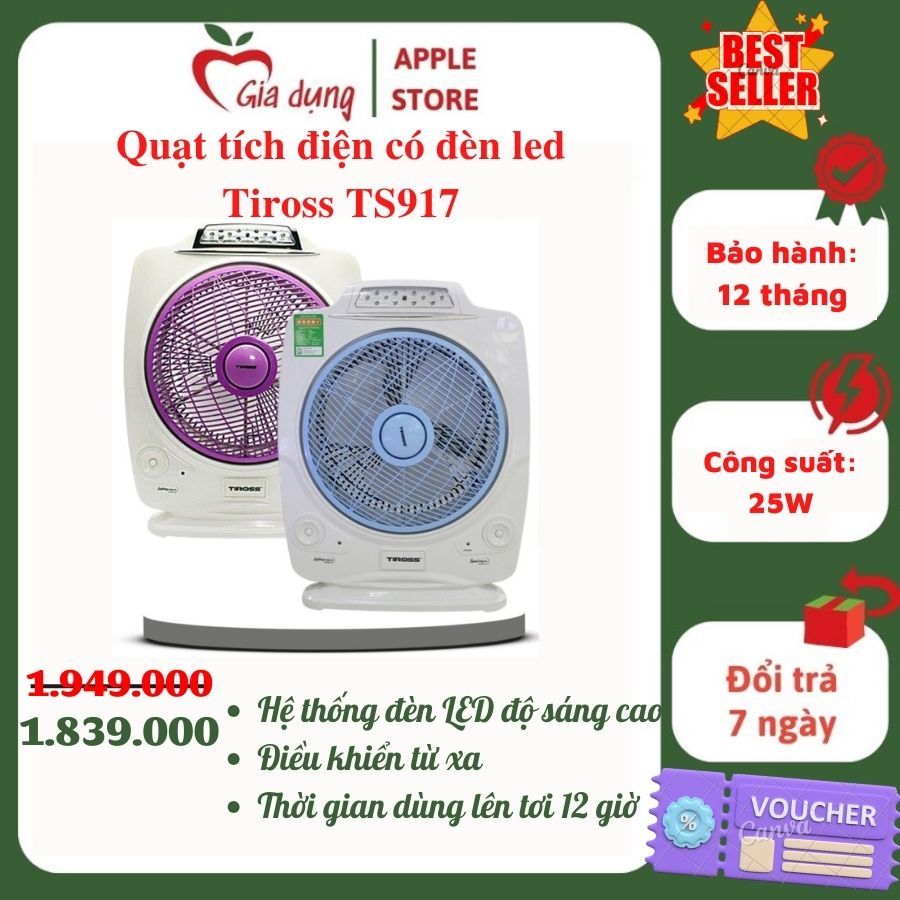 Quạt sạc tích điện Tiross TS917, có 12 đèn Led, công suất 25W, thời ...