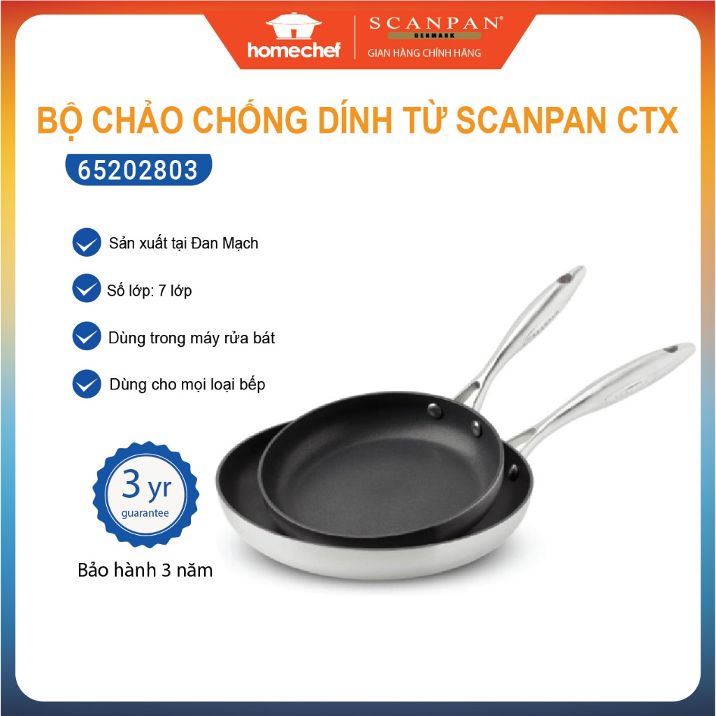 Bộ 2 chảo chống dính liền khối Scanpan CTX 20+28cm 65202803, dùng bếp ...