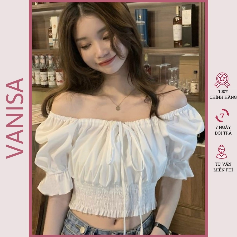 Áo croptop trễ vai kiểu nữ hở vai tay bồng voan trắng xanh VANISA CT065 | Shopee Việt Nam
