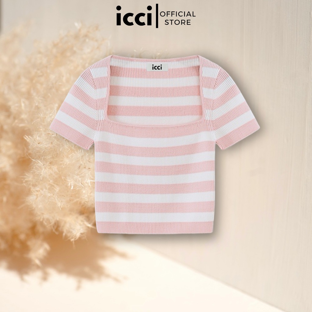 ICCI - Áo len crop tay ngắn cổ vuông kẻ hồng trắng WRV2 | Shopee Việt Nam
