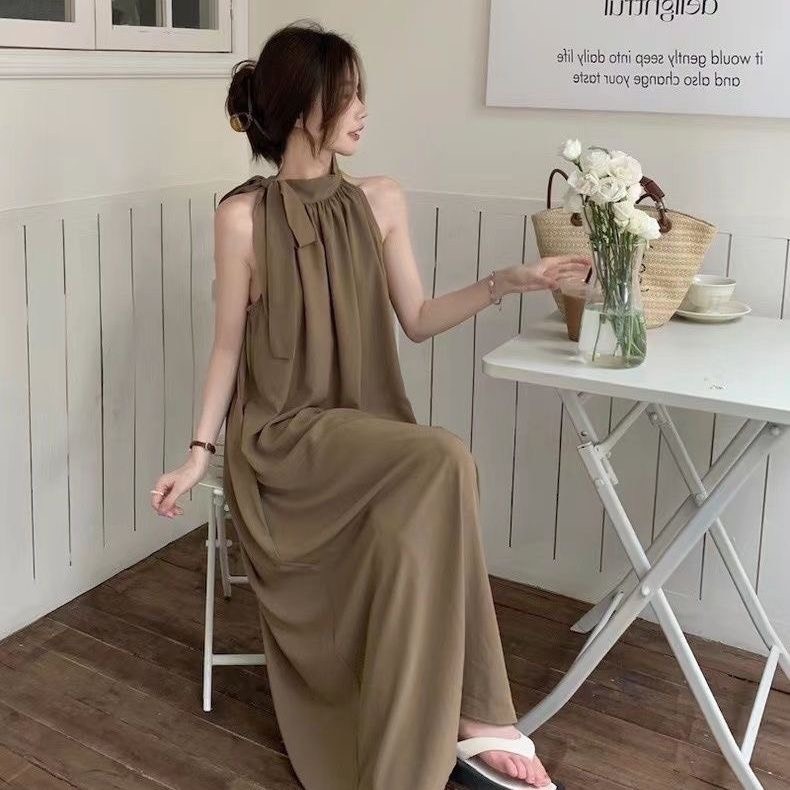 Váy đầm maxi mùa hè dáng dài hàng QC thiết kế cổ yếm phối buộc nơ bồng ...