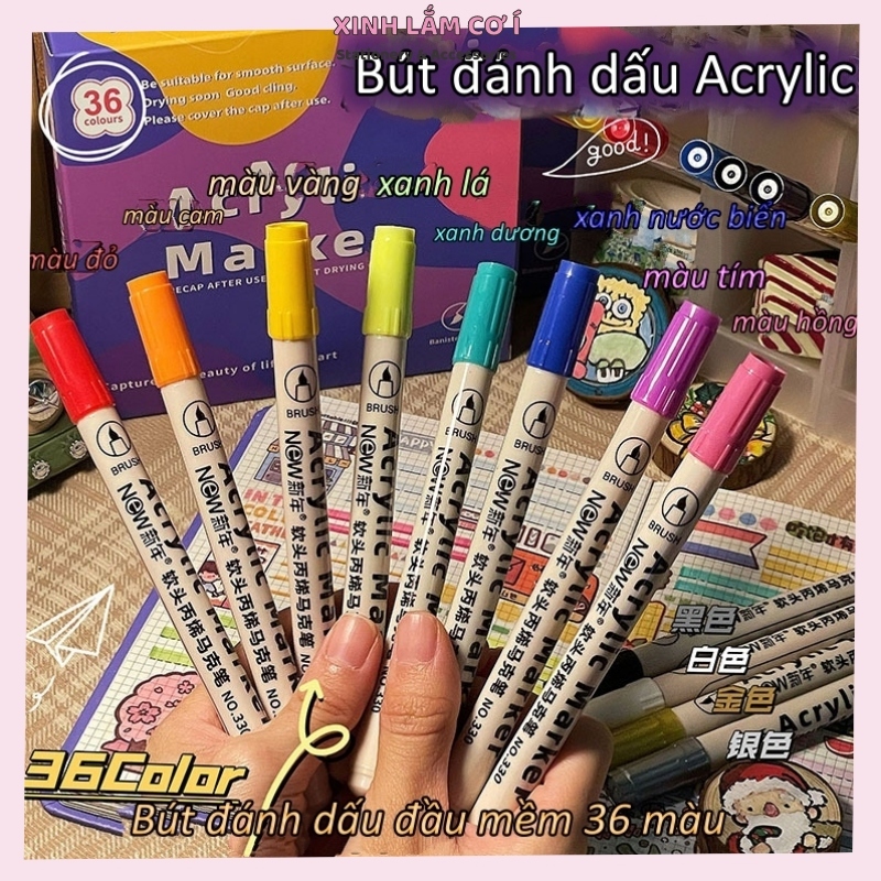 BÚT MÀU ACRYLIC BỘ 36 Màu Cao Cấp Đầu Bút Mềm Vẽ Trên Mọi Chất Liệu ...