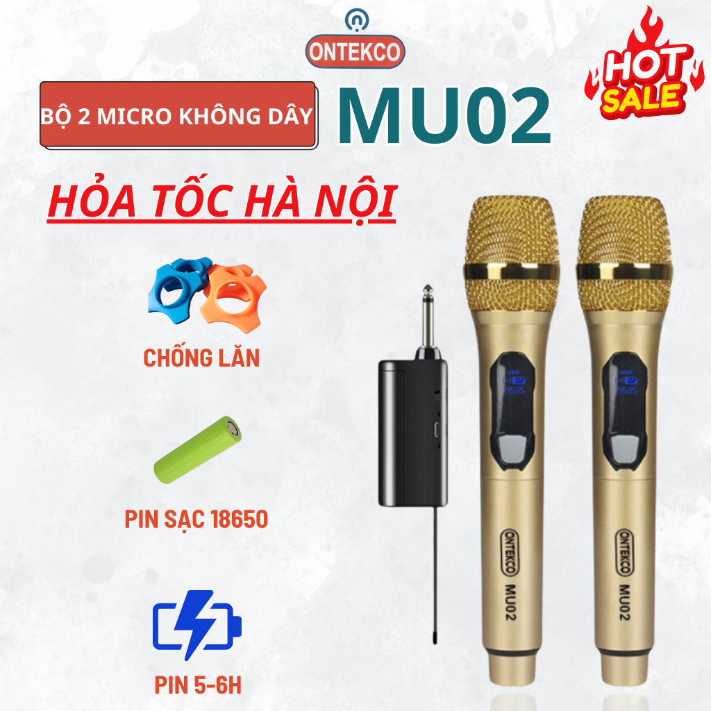 Trọn bộ 2 micro không dây ONTEKCO MU02/MU24 pin sạc dùng cho loa kéo, amly, bảo hành 12 tháng ...
