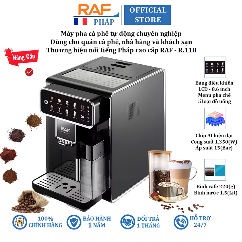 Máy pha cà phê tự động chuyên nghiệp thương hiệu Pháp RAF R.118 - Bảng điều khiển LCD - Bảo Hành ...