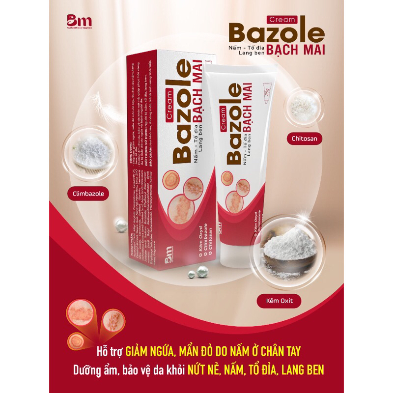 kem BAZOLE BẠCH MAI giúp giảm ngứa do nấm, tổ đỉa , lang ben (tuýp 25g ...
