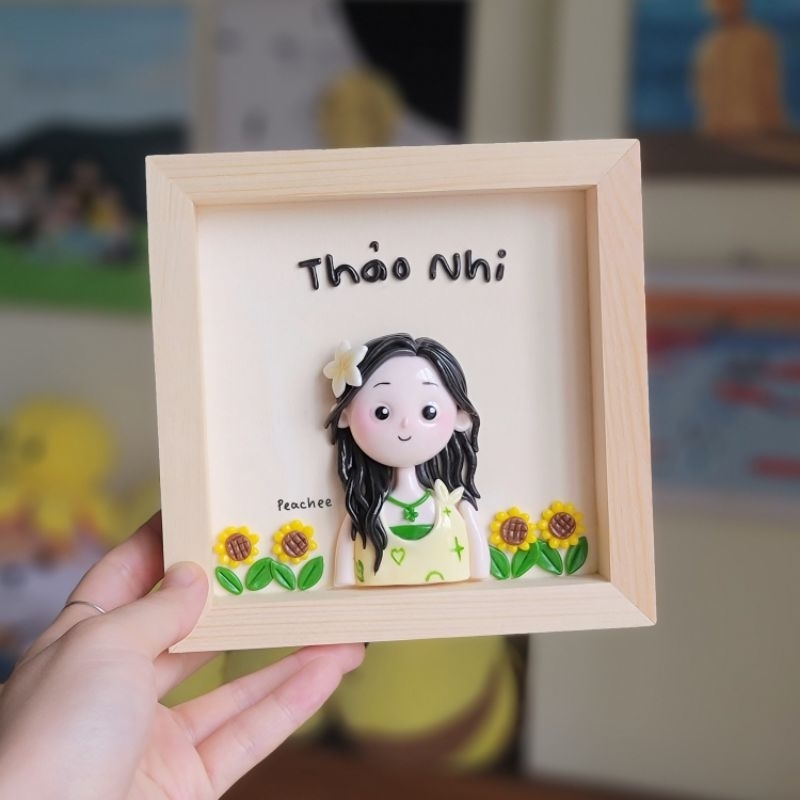 Khung ảnh gỗ tranh chibi đất sét tự khô handmade làm theo yêu cầu để ...