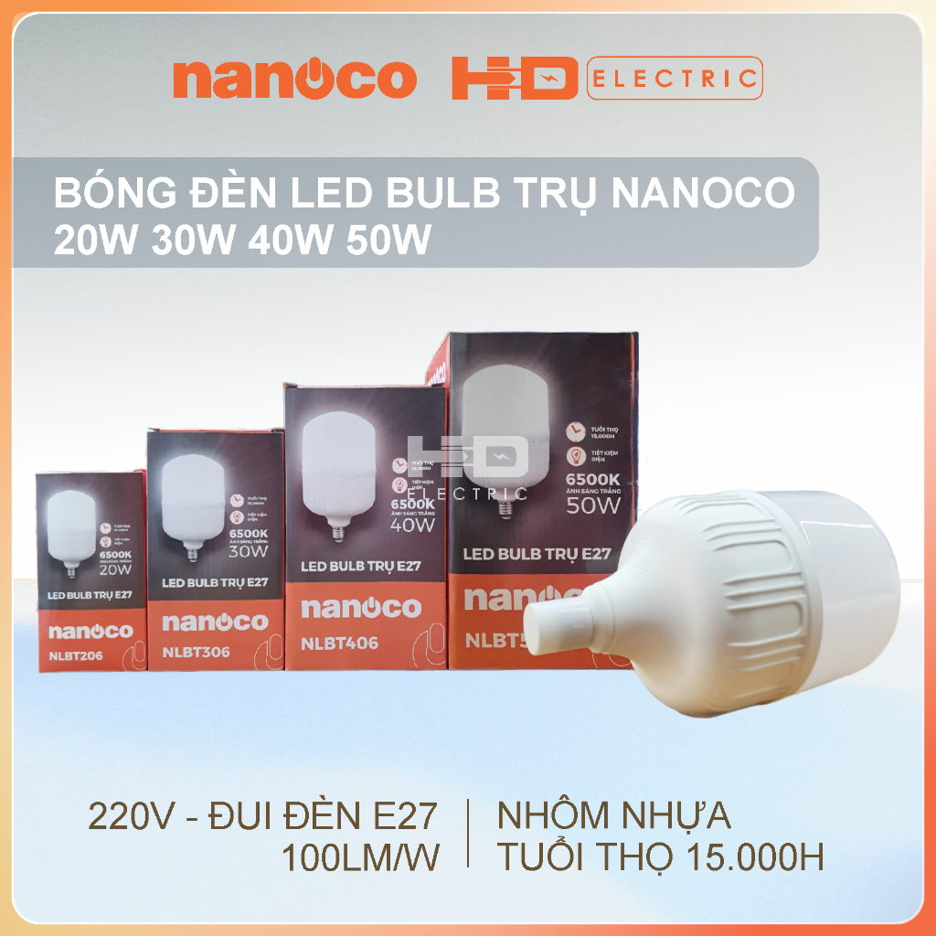 Bóng LED Bulb Trụ Nanoco 20W 30W 40W 50W đui E27 ánh sáng trắng vàng | Shopee Việt Nam