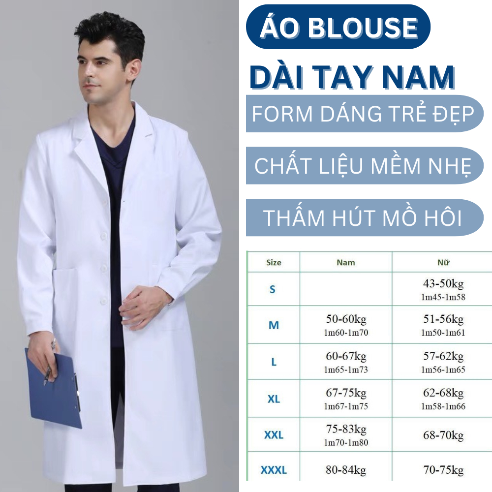 Áo Blouse trắng dáng dài cộc tay áo lab cho bác sĩ, dược sĩ, spa, thẩm ...