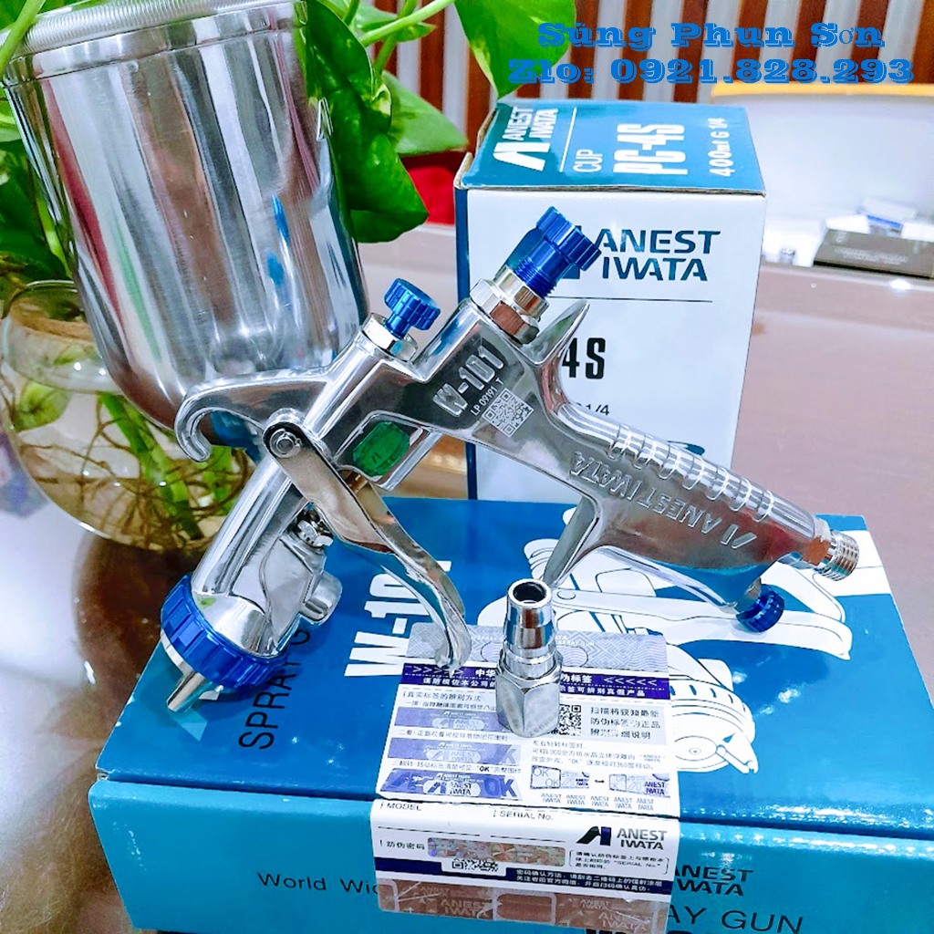 Súng phun sơn W101 IWATA, Nắp chụp béc H4 8 lỗ xé sơn, béc phun 1.3mm chuyên màu avf phủ bóng ...