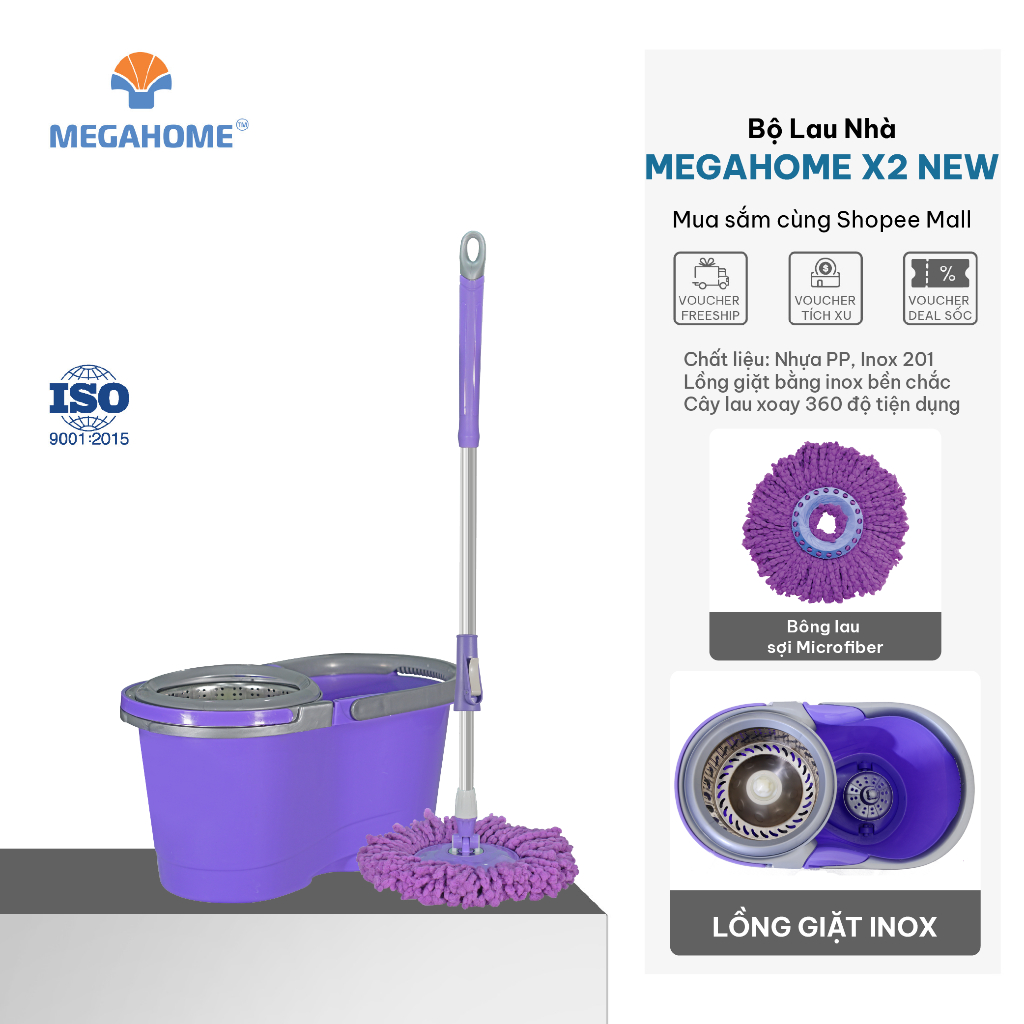 Bộ lau nhà Megahome New X2 xoay 360 độ,cây lau vắt siêu nhẹ, bông lau thấm hút tốt | Shopee Việt Nam