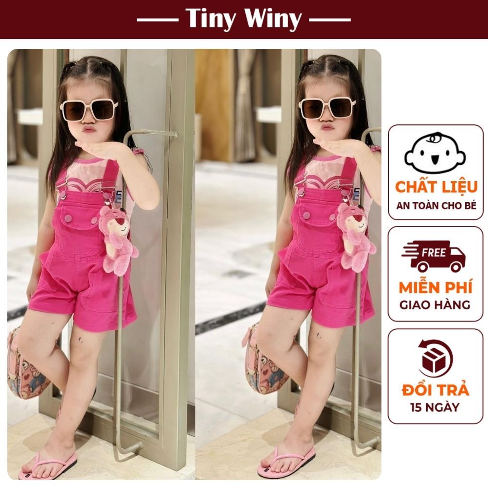 Set yếm Tiny Winy B088 màu hồng có túi trước kaki kèm áo phông, Tặng ...