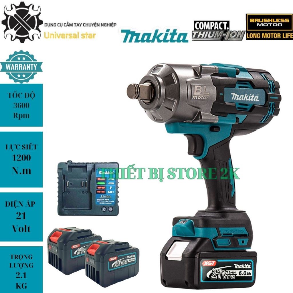 Máy siết Bulong MAKITA 21V, máy siết bulong Ô Tô, lực siết khủng 2000N.m, đầu đặc động cơ không ...