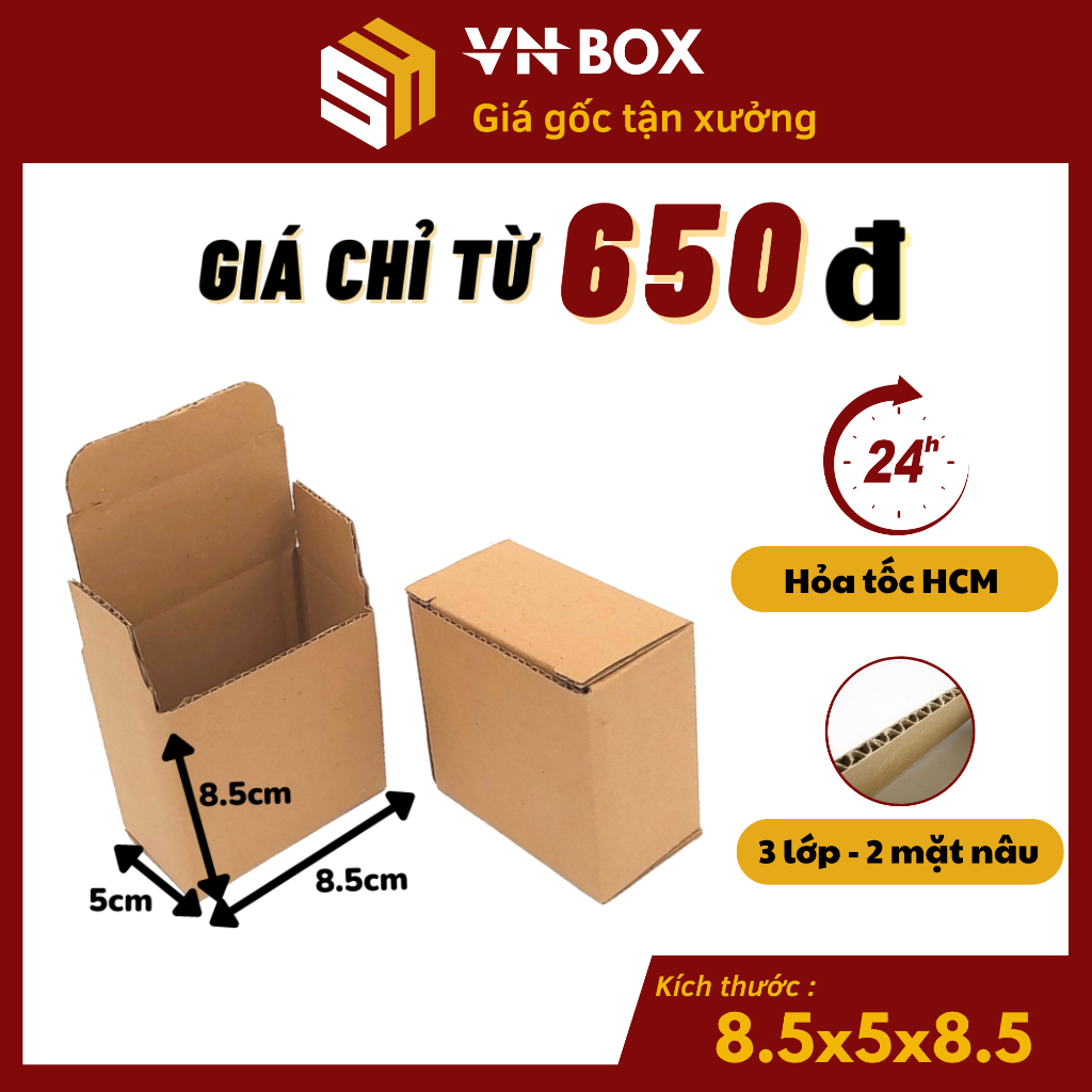 8.5x5x8.5 Combo 50 Hộp carton 2 mặt nâu nắp cài đóng hàng, hộp giấy gói ...