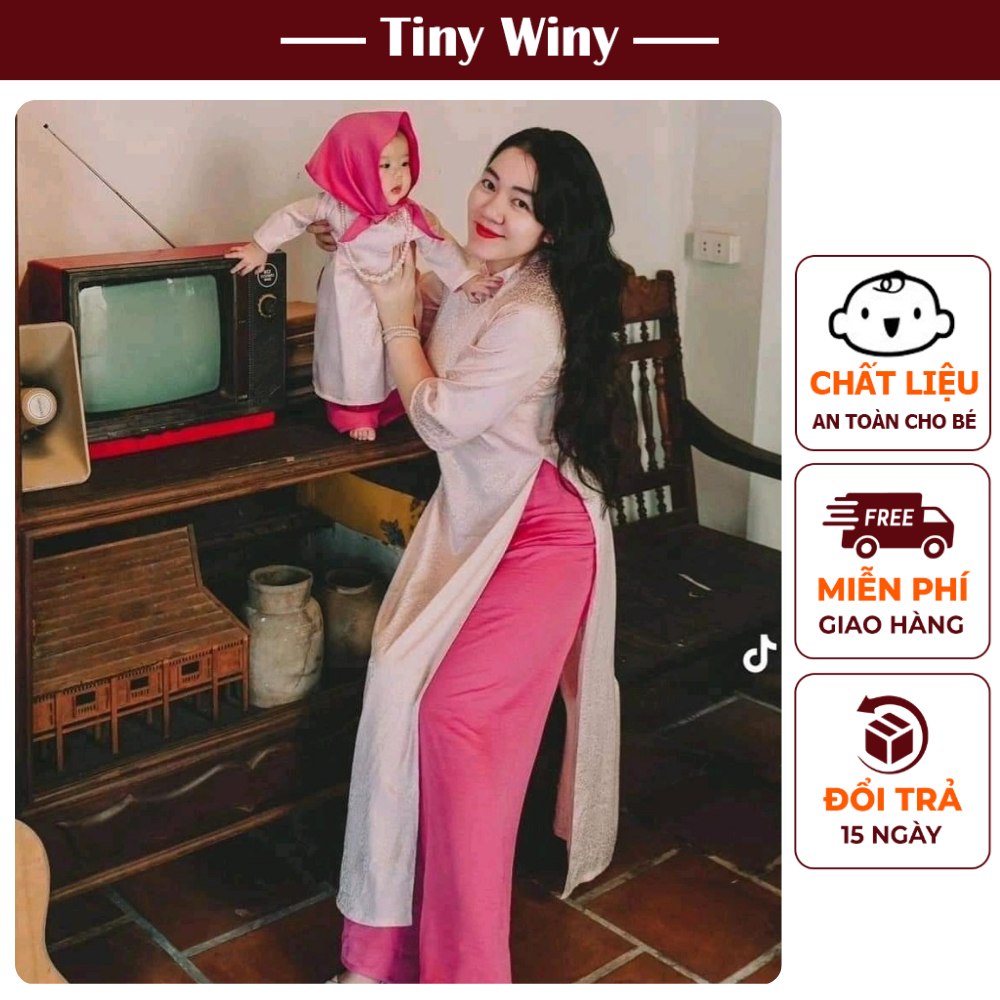 Bộ áo dài cách tân Tết Tiny Winy AD090 chất lụa màu hồng họa tiết hoa ...