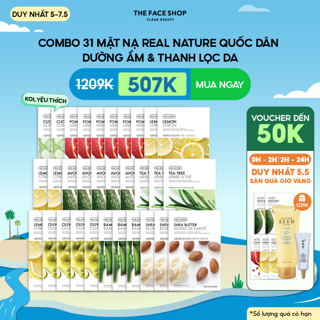 [NGÀY CUỐI ƯU ĐÃI] [VOUCHER 50K]Combo 31 Mặt Nạ Real Nature THE FACE SHOP Dưỡng Ẩm 20g (mix ...