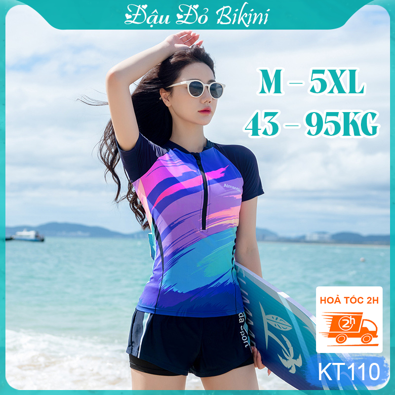 Bộ bơi nữ big size cao cấp, mẫu 2 mảnh áo cộc tay có khóa kéo trước & quần boxer trẻ trung, thun ...